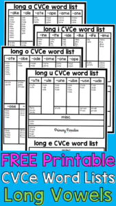 CVCe Long Vowel Word Family Free Printable Word Lists