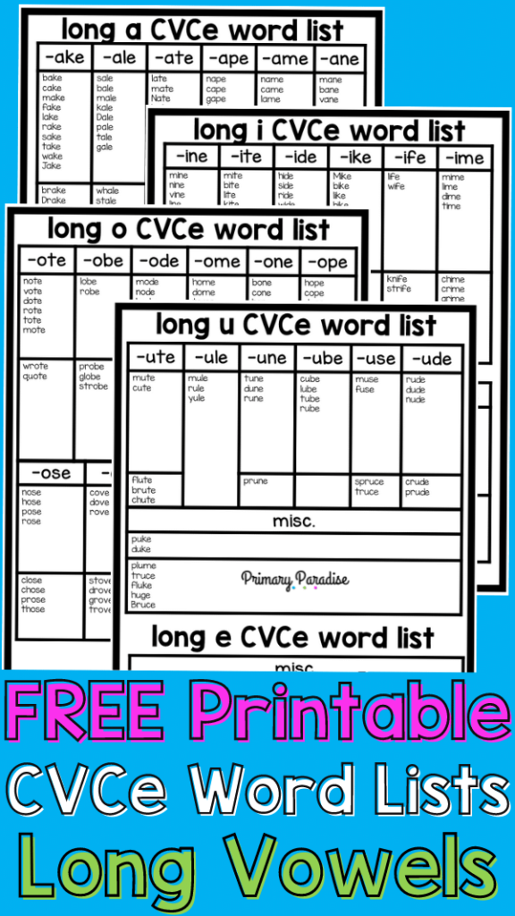 CVCe Long Vowel Word Family Free Printable Word Lists CVCe Long Vowel Word Family Free Printable Word Lists