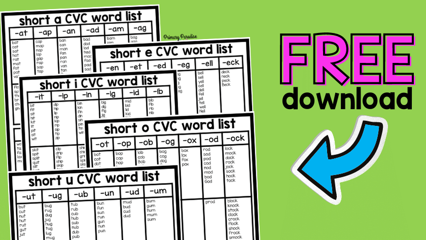 CVC Word Lists Free Printable Short Vowel Word Families